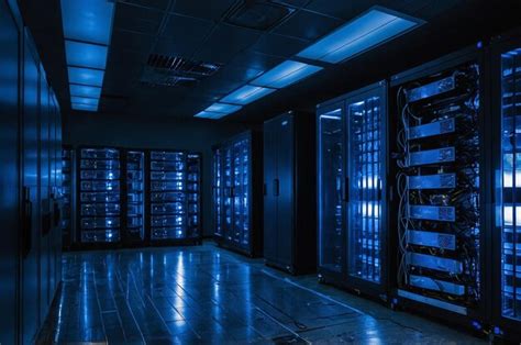 blue lit server room corridor premium ai generated image