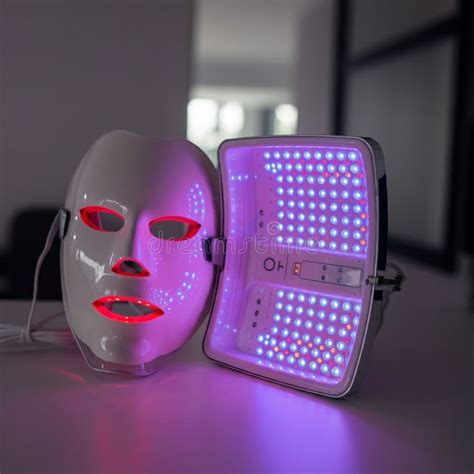 A White Led Light Therapy Mask Is Shown With Illuminated Red Accents