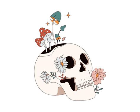 Fantasy Retro Hippie Skull With Mushrooms And Flowers In 60s 70s Style