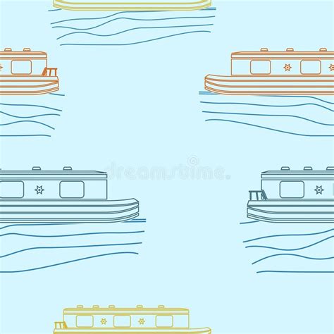 Outline Style Canal Boat On Wavy Water Vector Illustration Seamless