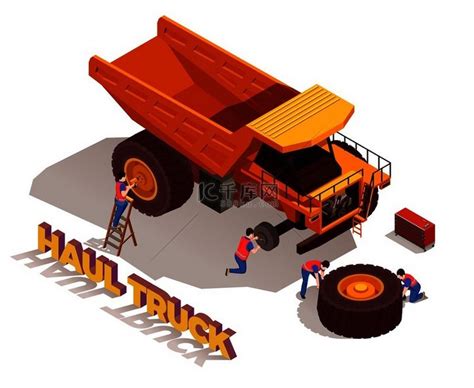 建筑工人在修理运输卡车车轮时使用工具在白色背景矢量图上进行等距组合。背景图片免费下载 海报banner 高清大图 千库网 图片编号6315308