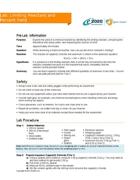 chemistry lab limiting reactantand percent yield copyright © 2012 e2020 inc pre lab