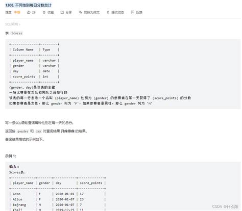 1308 不同性别每日分数总计 编写一条sql语句 查询每种性别在每一天的总分 返回按 gender 和 day 对查询结果升 csdn博客