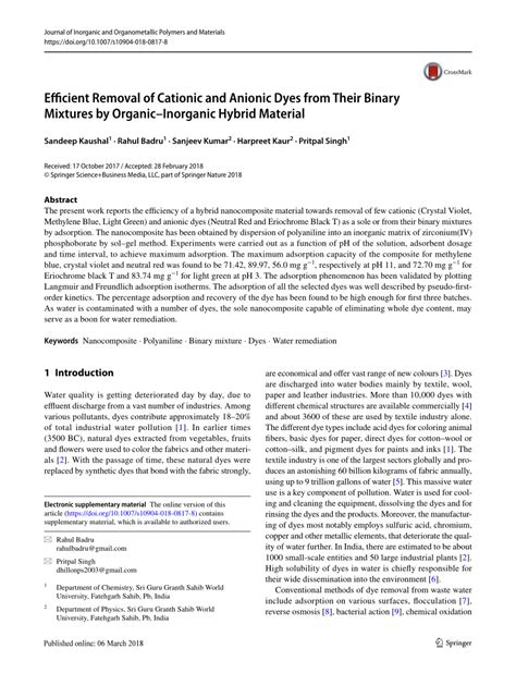 Pdf Efficient Removal Of Cationic And Anionic Dyes From Their Binary
