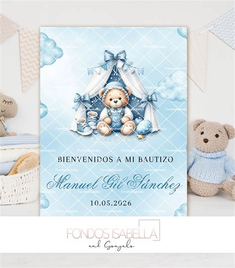 Cartel Bienvenida Bautizo Imprimible Niño Osito Tipi Celeste