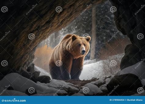A Big Brown Bear Looks Into A Cave Or Its Den In Winter Generative Ai