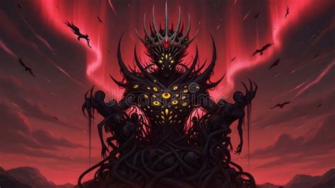 Ancient Evil Multi Eyed Demonic Overlord In Crimson Hellscape Stock
