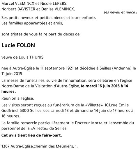 Avis De Décès De Lucie Folon Décédé Le 11062015 à Seilles Annonce