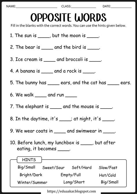 Opposite Words Worksheets For Preschool And Kindergarten