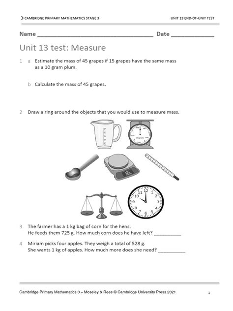 Prim Maths 3 2ed Tr Unit 13 Test Pdf Litre Metrology