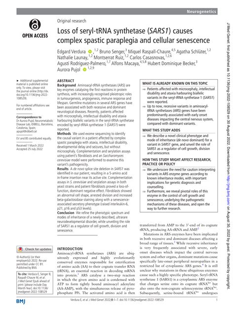 Pdf Loss Of Seryl Trna Synthetase Sars1 Causes Complex Spastic Paraplegia And Cellular