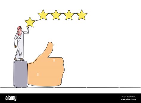 Single Continuous Line Drawing Young Happy Arabian Man Standing On The Thumbs Up Wants To Attach