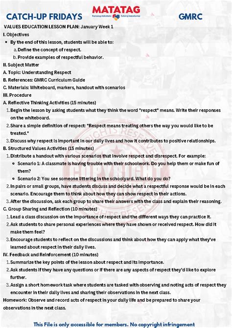 Gmrc Grade 4 Values Education Lesson Plans January To March Overview