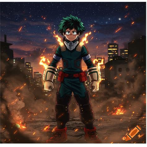Anime Illustration Of Izuku Midoriya In His Superhero Costume Standing