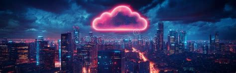 A Glowing Digital Cloud Icon Hovers Over A Modern Cityscape At Night Symbolizing Cloud