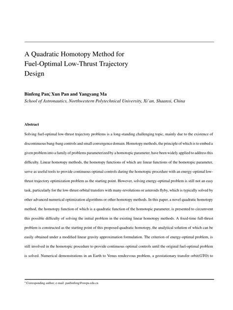 Pdf A Quadratic Homotopy Method For Fuel Optimal Low Thrust Trajectory Design