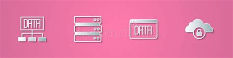 Set Paper Cut Data Analysis Server And Cloud Computing Lock Icon Paper Art Style Vector