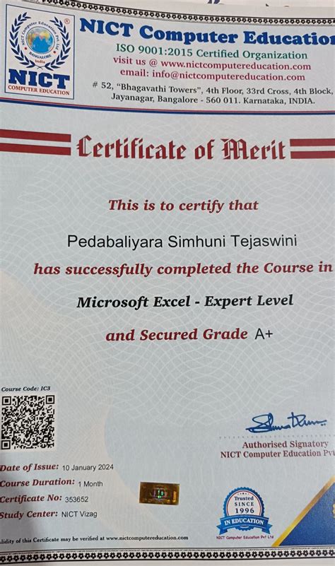 Tejaswini Pbs On Linkedin Happy To Share That I Have Completed My Advance Excel Course From Nict
