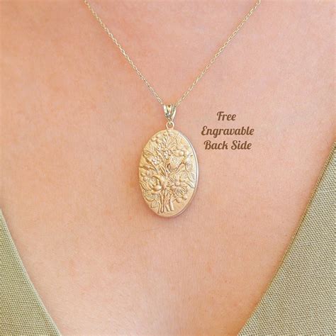 Personalized Engravable Photo Locket Necklace 14k Solid Gold Embossed