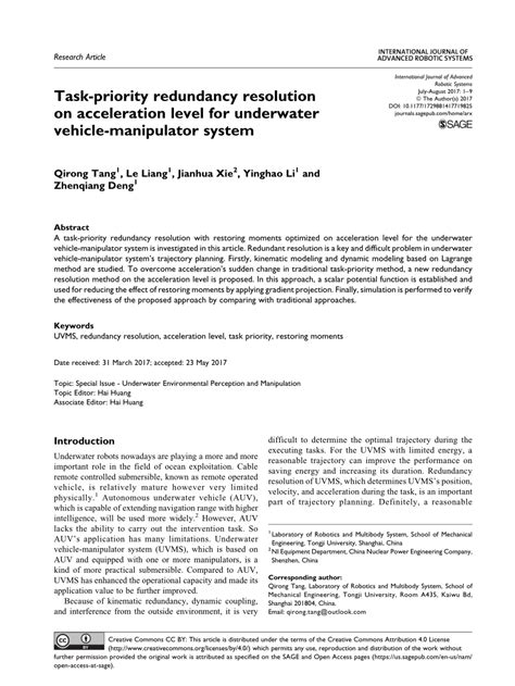 Pdf Task Priority Redundancy Resolution On Acceleration Level For Underwater Vehicle