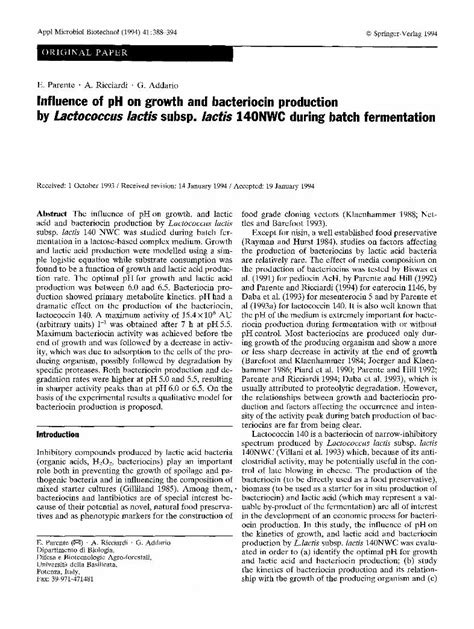 Pdf Influence Of Ph On Growth And Bacteriocin Production Bylactococcus Lactis Subsp Lactis