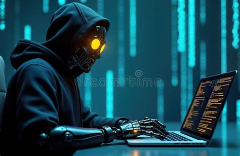 Cyberpunk Robot Hacker Types Code On Laptop Modern Robot With Hoodie