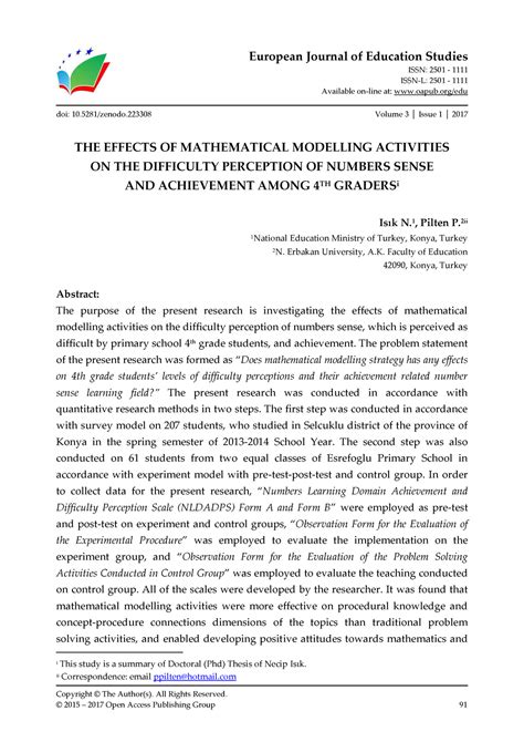 The Effects Of Mathematical Modelling Ac European Journal Of