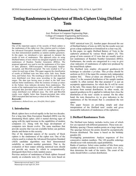 pdf testing randomness in ciphertext of block ciphers using diehard tests