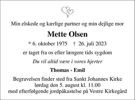 Mette Olsen Dødsannoncer I Danmark