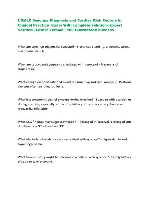 Usmle Syncope Diagnosis And Cardiac Risk Factors In Clinical Practice