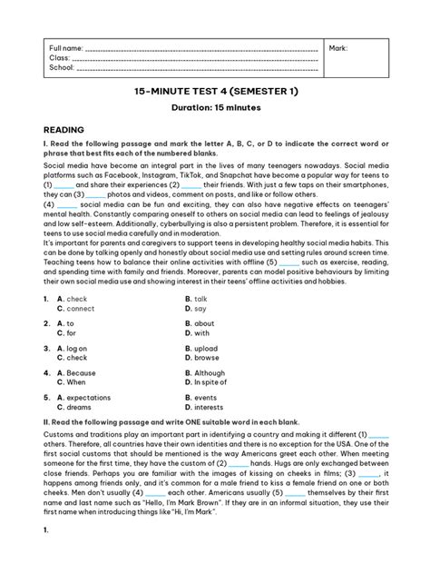 15 Minute Test 4 Semester 1 Pdf