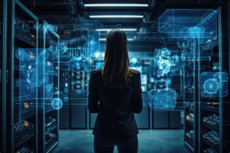 Premium Photo Rear View Of Young Businesswoman In Server Room Using