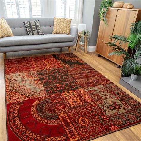 Warm Red Brown Patchwork Rug Soft Value Floral Living Room Bedroom Area