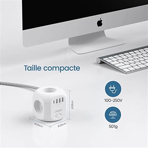 Lencent Cube Rallonge Multiprise 3m Avec 4 Prises Ac 3 Usb Et 1 Type C Protection Contre Les