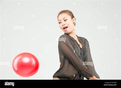 Happy Beautiful Asian Girl Play With Red Balloon Action With Balloon Asian Women Conceptual