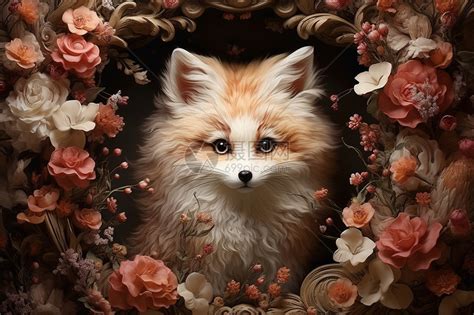 花朵框架中的狐狸插画图片下载 正版图片600700354 摄图网