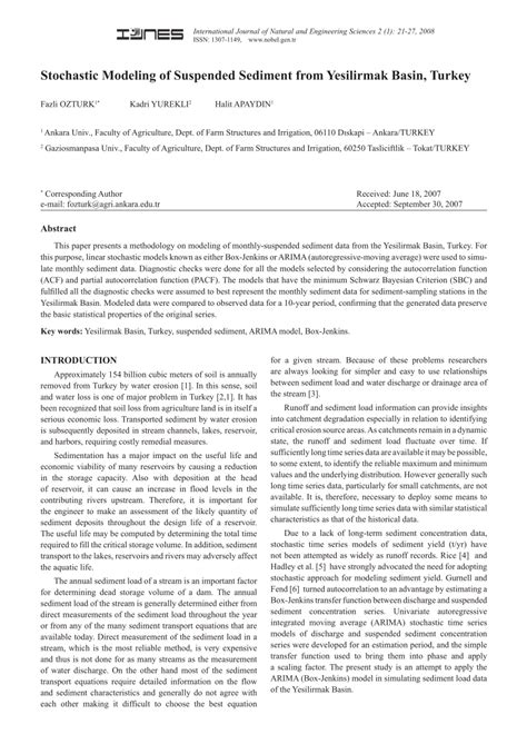 Pdf Stochastic Modeling Of Suspended Sediment From Yesilirmak Basin Turkey