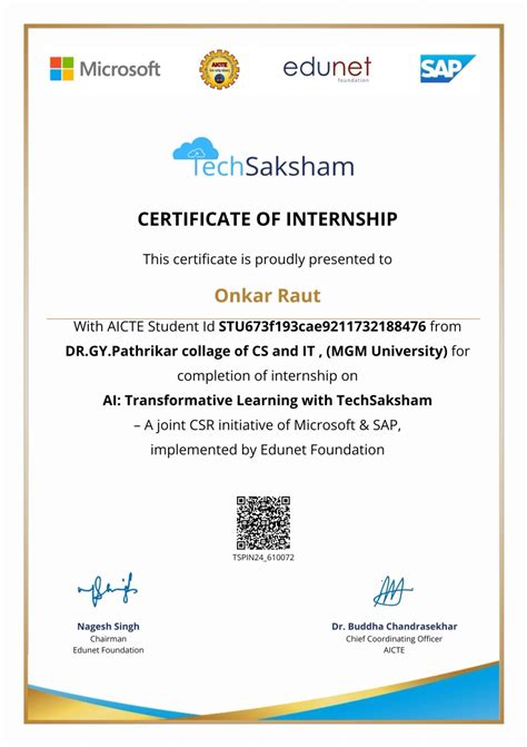 Microsoft Edunet Aicte Sap Techsaksham Internship Ai Careergrowth Onkar Raut