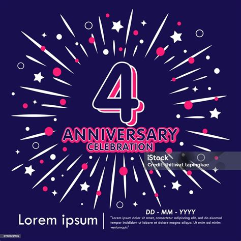 창립 4 주년 기념 엠블럼 기념일 로고는 불꽃 놀이와 별이 반짝이는 배경으로 고립되어 있습니다 웹 전단지 포스터 인사말 카드에