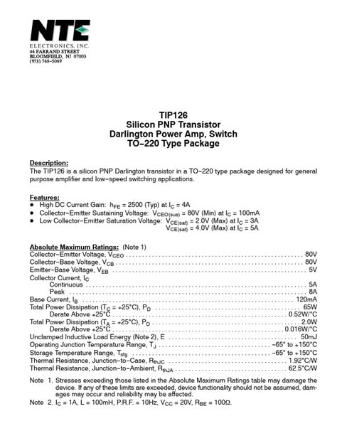 Tip126 Datasheet Tip126 Ntepdf Silicon Pnp Transistor Nte