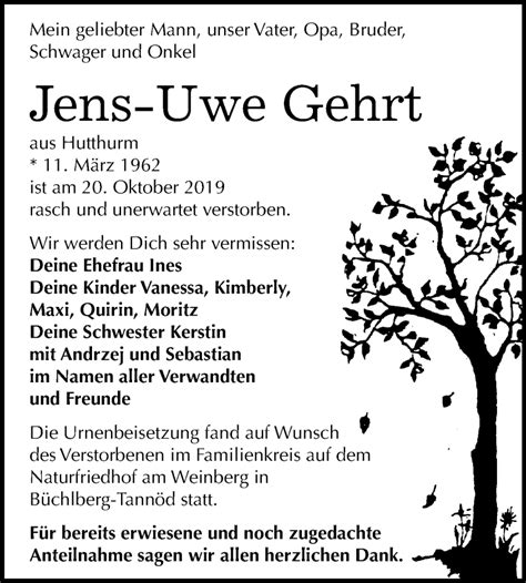 Traueranzeigen Von Jens Uwe Gehrt Abschied Nehmen De