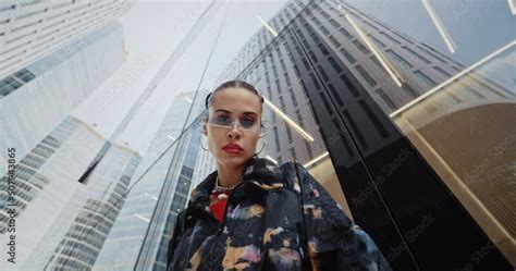 Wide Angle Pov Urban Style Seductive Girl Wearing Colored Jacket Cool
