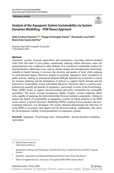 Pdf Analysis Of The Aquaponic System Sustainability Via System