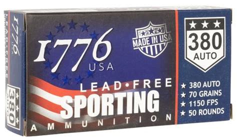 1776 Usa 380 Acp Ammunition 1776380070 70 Gr Lead Free Ball 50 Rounds