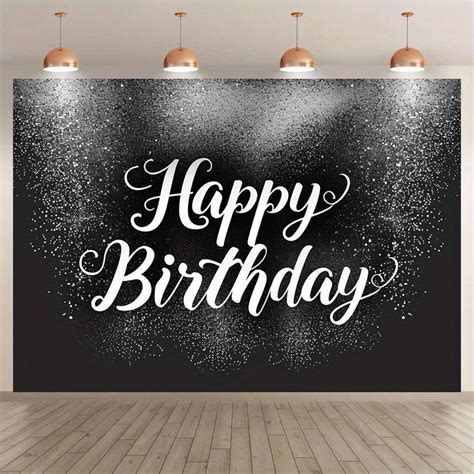 Polyester Happy Birthday Backdrop Banner Elegant Black And Silver Design