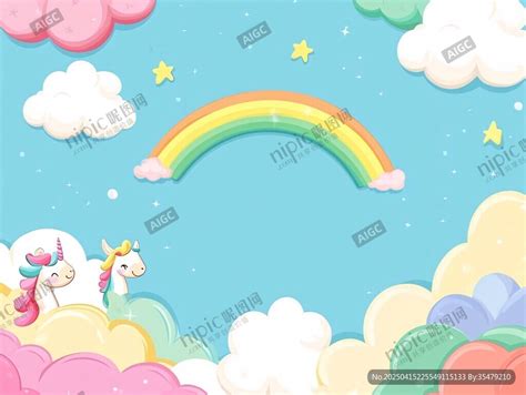 Ai创作图独角兽 彩虹 云朵 星星 天空 卡通 童话 梦幻 粉色 蓝色 黄色 可爱 童趣 背景 幻想 昵图网