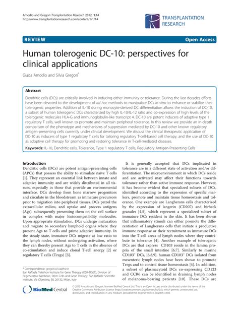 Pdf Human Tolerogenic Dc 10 Perspectives For Clinical Applications