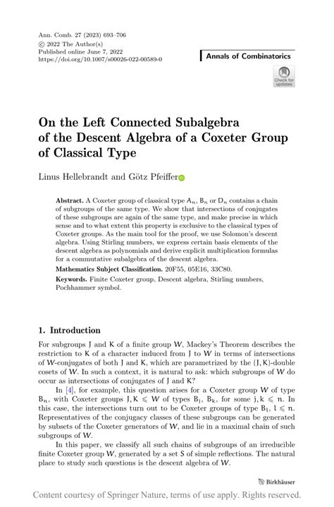 Pdf On The Left Connected Subalgebra Of The Descent Algebra Of A