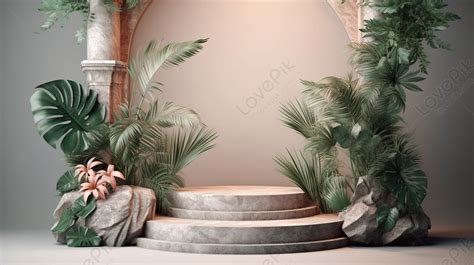 이상적인 제품 디스플레이를 위한 자연석 연단이 있는 3d 렌더링 열대 잎 배경 연단 배경 연석 배경 자연 잎 배경 이미지 Hd 연단 연석 자연 잎 배경 사진 무료