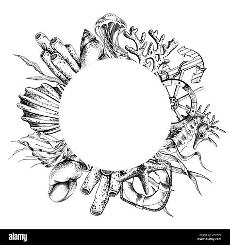 Nautical Round Frame Template With Hand Drawn Sea Horse Jellyfish